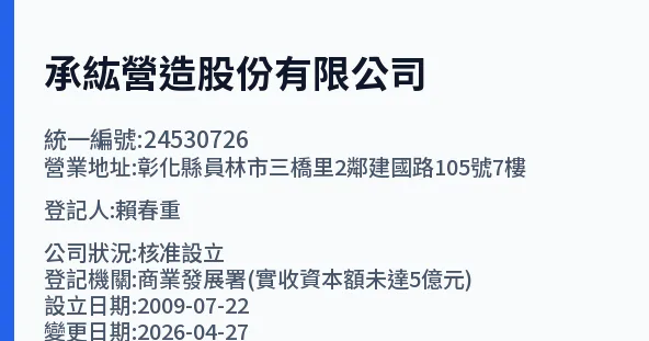 承紘營造股份有限公司的照片-統編 24530726(彰化縣) 公司登記資料與營業項目詳細圖表