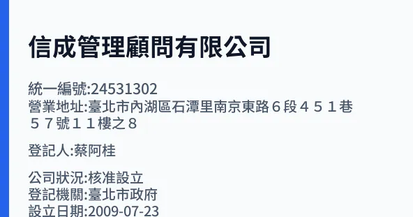 信成管理顧問有限公司的照片-統編 24531302(臺北市) 公司登記資料與營業項目詳細圖表