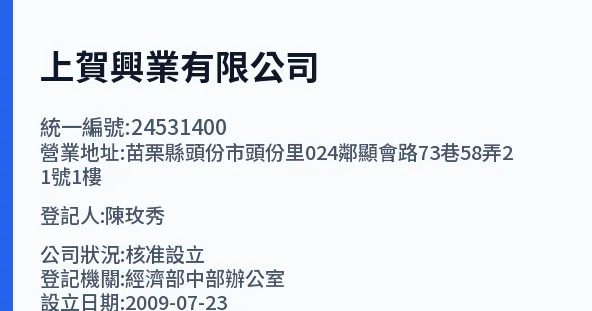 上賀興業有限公司的照片-統編 24531400(苗栗縣) 公司登記資料與營業項目詳細圖表