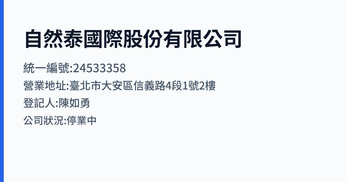自然泰國際股份有限公司 - 統編 24533358(臺北市) 公司登記資料與營業項目詳細圖表