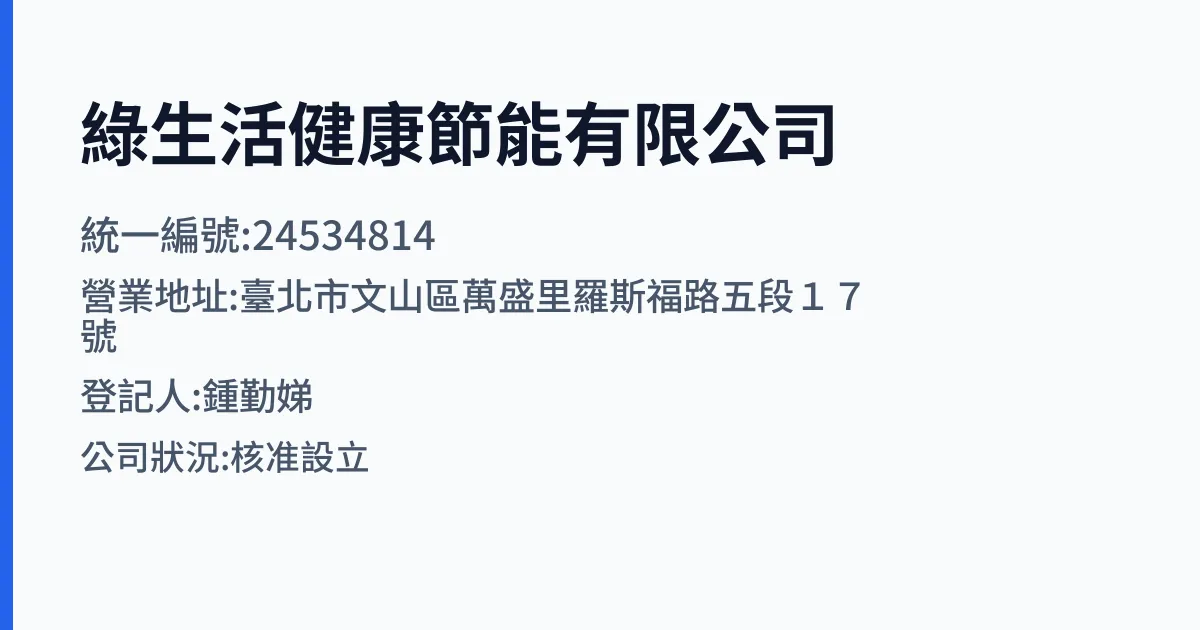 綠生活健康節能有限公司 - 統編 24534814(臺北市) 公司登記資料與營業項目詳細圖表