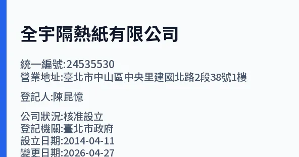 全宇隔熱紙有限公司的照片-統編 24535530(臺北市) 公司登記資料與營業項目詳細圖表