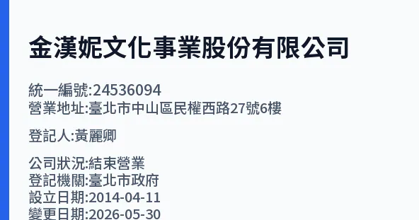 金漢妮文化事業股份有限公司的照片-統編 24536094(臺北市) 公司登記資料與營業項目詳細圖表