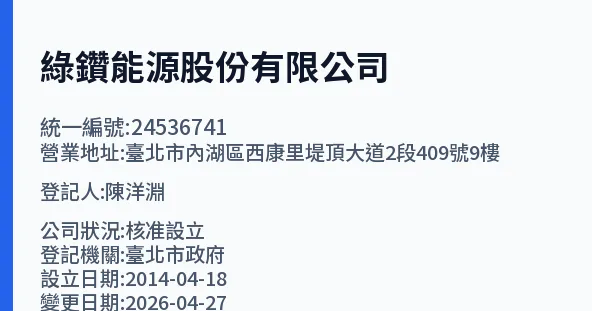 綠鑽能源股份有限公司的照片-統編 24536741(臺北市) 公司登記資料與營業項目詳細圖表