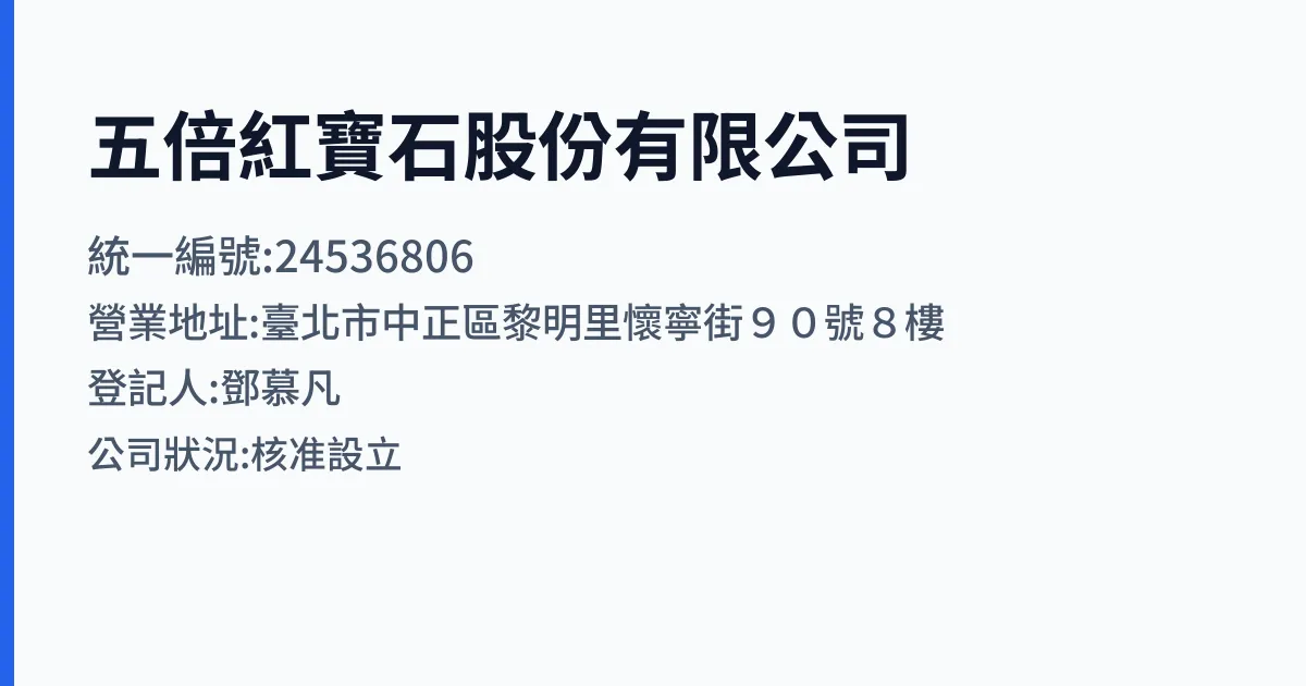 五倍紅寶石股份有限公司 - 統編 24536806(臺北市) 公司登記資料與營業項目詳細圖表