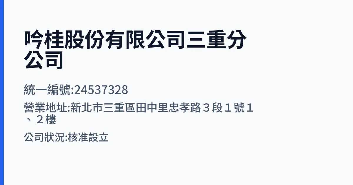 吟桂股份有限公司三重分公司 - 統編 24537328(新北市) 公司登記資料與營業項目詳細圖表