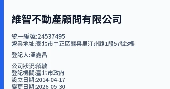 維智不動產顧問有限公司的照片-統編 24537495(臺北市) 公司登記資料與營業項目詳細圖表