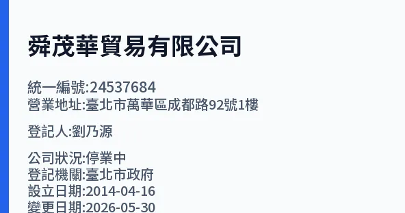 舜茂華貿易有限公司的照片-統編 24537684(臺北市) 公司登記資料與營業項目詳細圖表