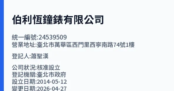 伯利恆鐘錶有限公司的照片-統編 24539509(臺北市) 公司登記資料與營業項目詳細圖表