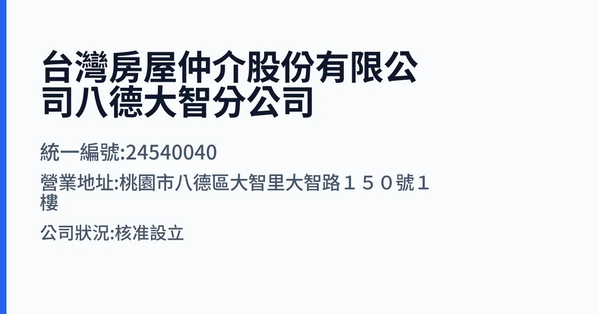 台灣房屋仲介股份有限公司八德大智分公司 - 統編 24540040(桃園市) 公司登記資料與營業項目詳細圖表