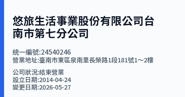 悠旅生活事業股份有限公司台南市第七分公司的照片-統編 24540246(臺南市) 公司登記資料與營業項目詳細圖表