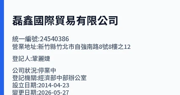 磊鑫國際貿易有限公司的照片-統編 24540386(新竹縣) 公司登記資料與營業項目詳細圖表