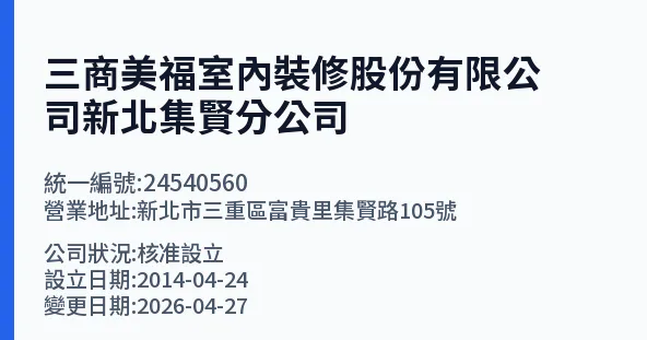 三商美福室內裝修股份有限公司新北集賢分公司的照片-統編 24540560(新北市) 公司登記資料與營業項目詳細圖表