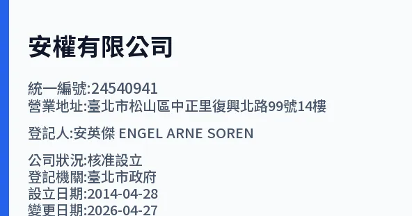 安權有限公司的照片-統編 24540941(臺北市) 公司登記資料與營業項目詳細圖表
