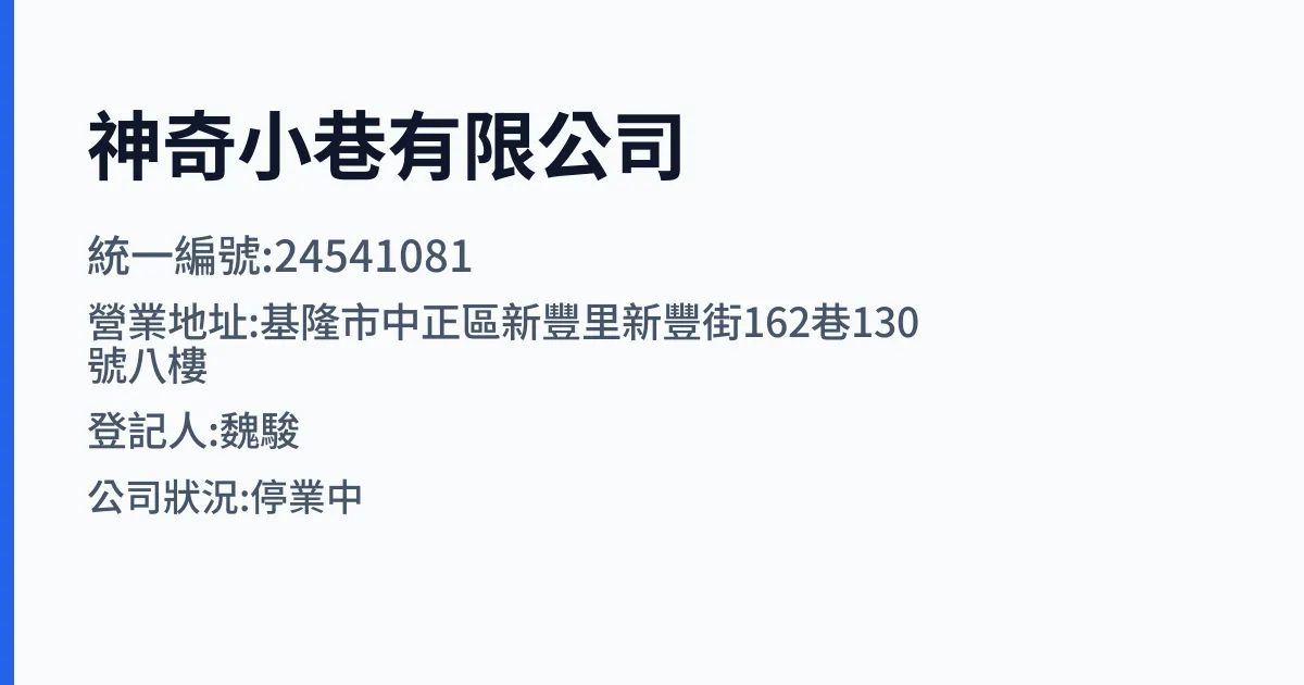 神奇小巷有限公司 - 統編 24541081(基隆市) 公司登記資料與營業項目詳細圖表