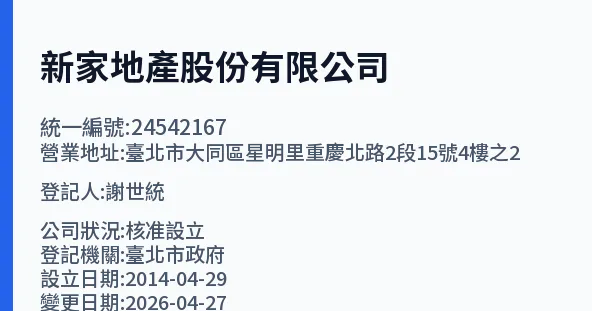 新家地產股份有限公司的照片-統編 24542167(臺北市) 公司登記資料與營業項目詳細圖表