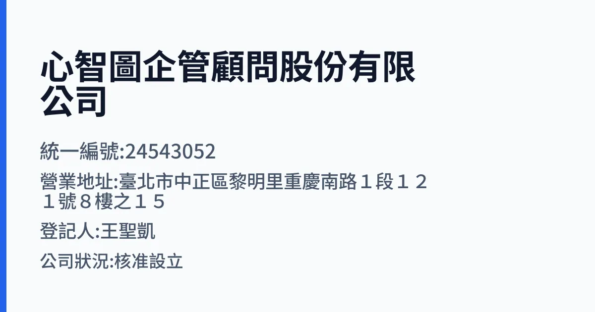 心智圖企管顧問股份有限公司 - 統編 24543052(臺北市) 公司登記資料與營業項目詳細圖表