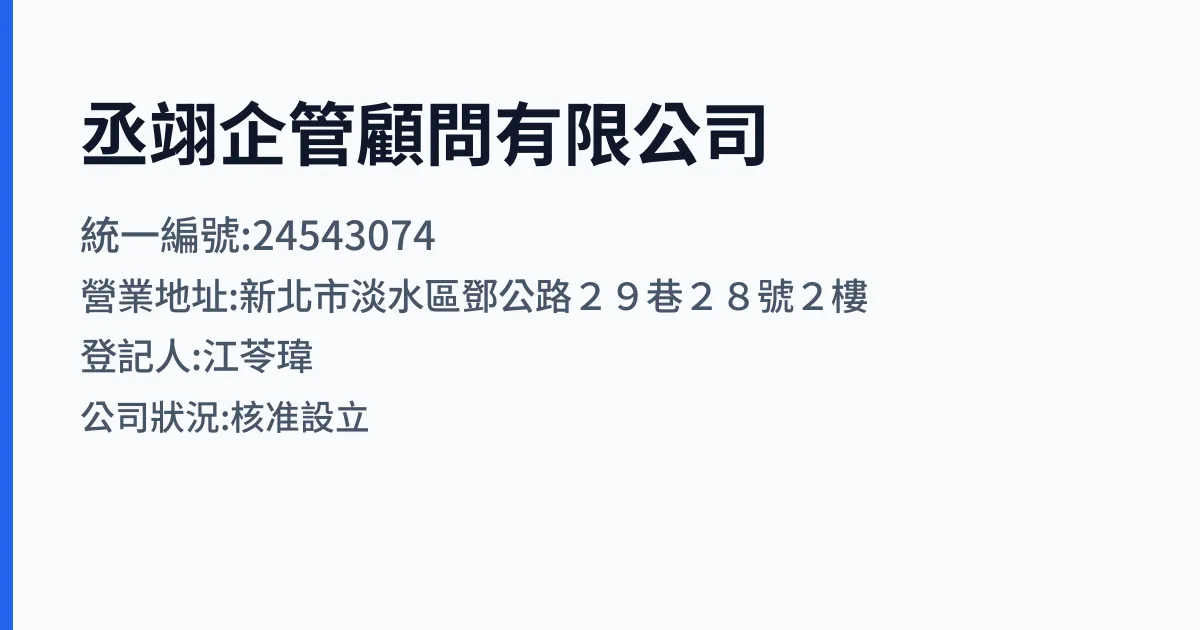 丞翊企管顧問有限公司 - 統編 24543074(新北市) 公司登記資料與營業項目詳細圖表