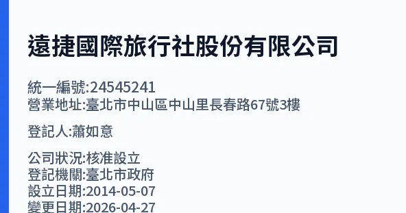 遠捷國際旅行社股份有限公司的照片-統編 24545241(臺北市) 公司登記資料與營業項目詳細圖表