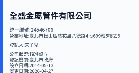 全盛金屬管件有限公司的照片-統編 24546706(臺北市) 公司登記資料與營業項目詳細圖表