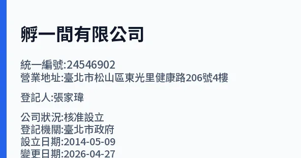 孵一間有限公司的照片-統編 24546902(臺北市) 公司登記資料與營業項目詳細圖表