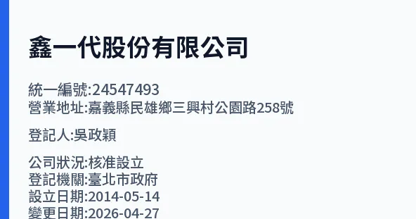 鑫一代股份有限公司的照片-統編 24547493(嘉義縣) 公司登記資料與營業項目詳細圖表