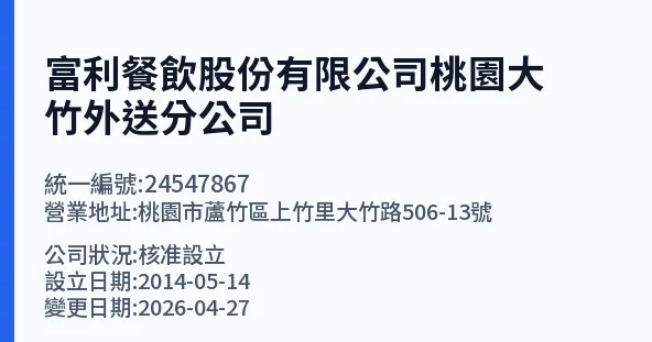 富利餐飲股份有限公司桃園大竹外送分公司的照片-統編 24547867(桃園市) 公司登記資料與營業項目詳細圖表