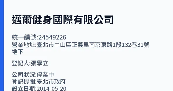 邁爾健身國際有限公司的照片-統編 24549226(臺北市) 公司登記資料與營業項目詳細圖表