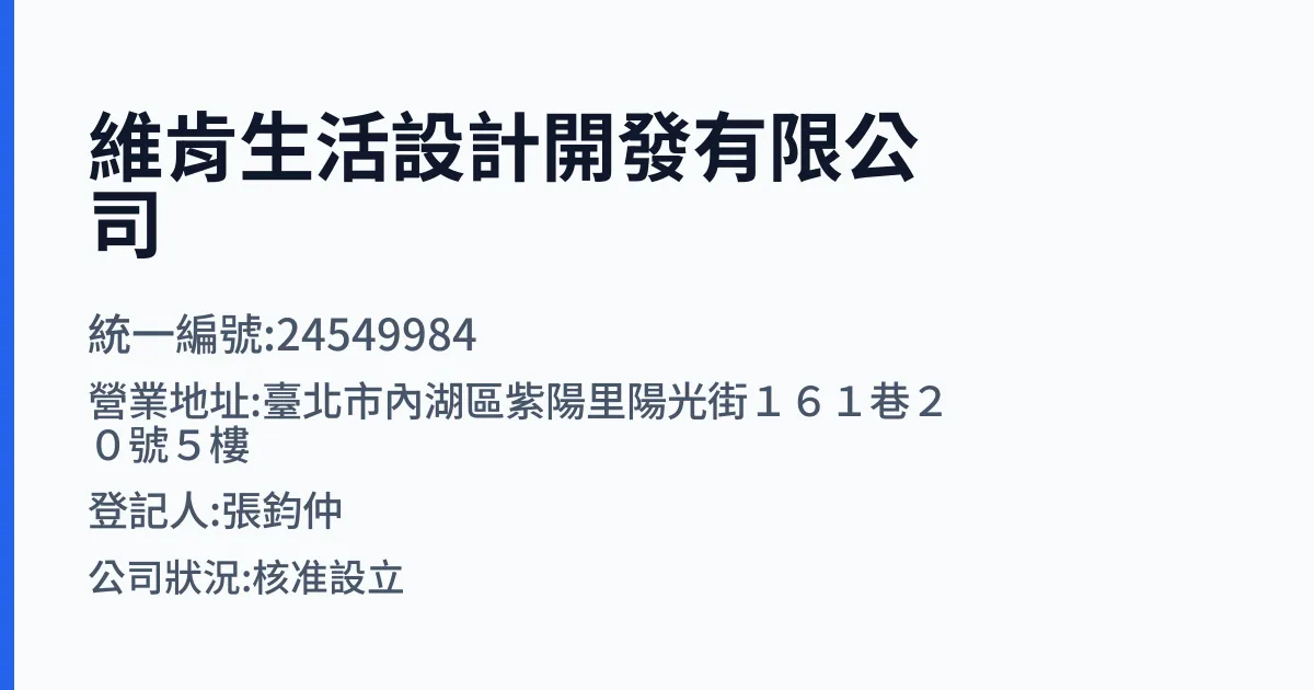 維肯生活設計開發有限公司 - 統編 24549984(臺北市) 公司登記資料與營業項目詳細圖表