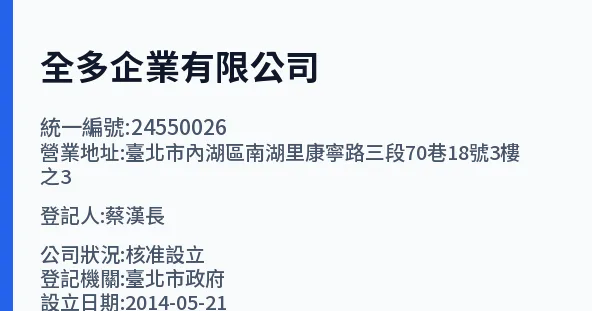 全多企業有限公司的照片-統編 24550026(臺北市) 公司登記資料與營業項目詳細圖表