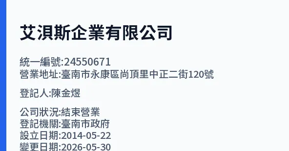 艾浿斯企業有限公司的照片-統編 24550671(臺南市) 公司登記資料與營業項目詳細圖表