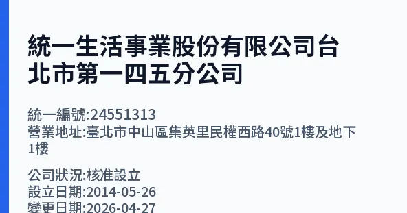 統一生活事業股份有限公司台北市第一四五分公司的照片-統編 24551313(臺北市) 公司登記資料與營業項目詳細圖表