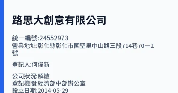 路思大創意有限公司的照片-統編 24552973(彰化縣) 公司登記資料與營業項目詳細圖表