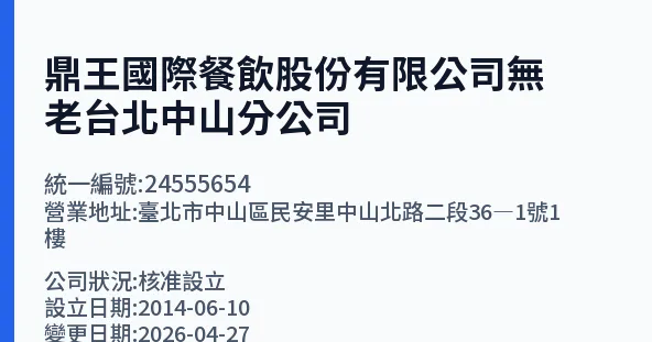 鼎王國際餐飲股份有限公司無老台北中山分公司的照片-統編 24555654(臺北市) 公司登記資料與營業項目詳細圖表