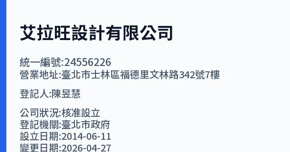 艾拉旺設計有限公司的照片-統編 24556226(臺北市) 公司登記資料與營業項目詳細圖表