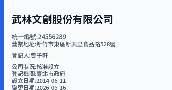 武林文創股份有限公司的照片-統編 24556289(新竹市) 公司登記資料與營業項目詳細圖表