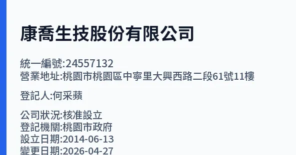 康喬生技股份有限公司的照片-統編 24557132(桃園市) 公司登記資料與營業項目詳細圖表