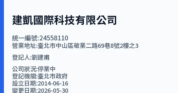 建凱國際科技有限公司的照片-統編 24558110(臺北市) 公司登記資料與營業項目詳細圖表