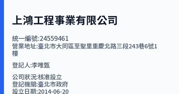 上鴻工程事業有限公司的照片-統編 24559461(臺北市) 公司登記資料與營業項目詳細圖表