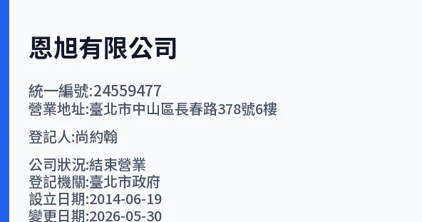 恩旭有限公司的照片-統編 24559477(臺北市) 公司登記資料與營業項目詳細圖表