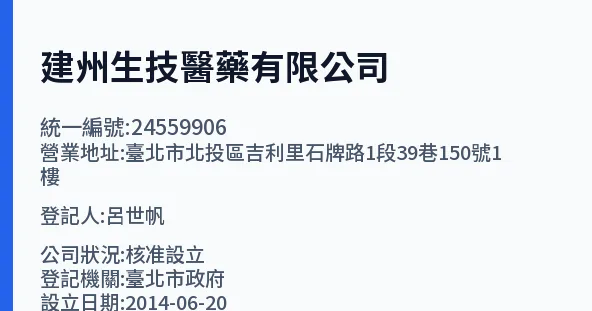 建州生技醫藥有限公司的照片-統編 24559906(臺北市) 公司登記資料與營業項目詳細圖表