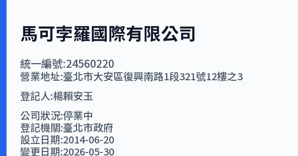 馬可孛羅國際有限公司的照片-統編 24560220(臺北市) 公司登記資料與營業項目詳細圖表
