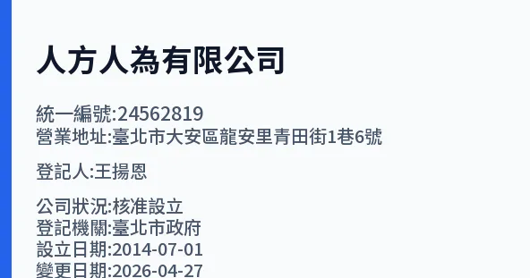人方人為有限公司的照片-統編 24562819(臺北市) 公司登記資料與營業項目詳細圖表