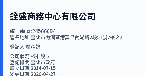 銓盛商務中心有限公司的照片-統編 24566694(臺北市) 公司登記資料與營業項目詳細圖表