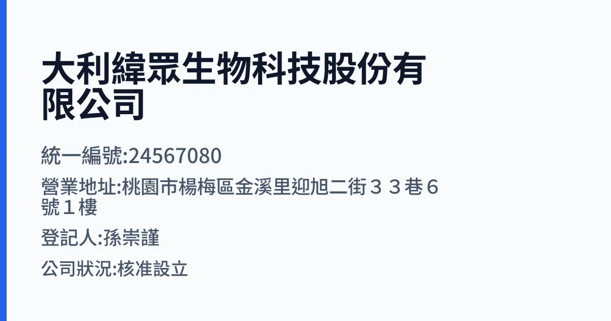 大利緯眾生物科技股份有限公司 - 統編 24567080(桃園市) 公司登記資料與營業項目詳細圖表