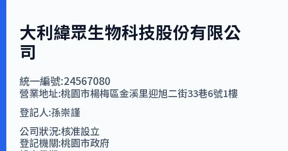 大利緯眾生物科技股份有限公司的照片-統編 24567080(桃園市) 公司登記資料與營業項目詳細圖表