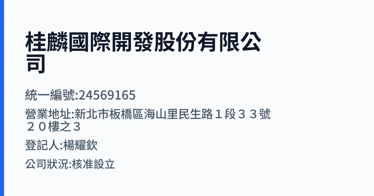桂麟國際開發股份有限公司 - 統編 24569165(新北市) 公司登記資料與營業項目詳細圖表