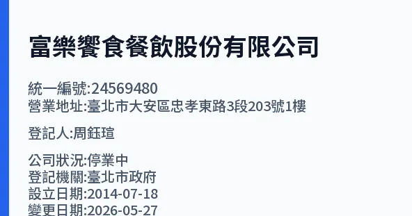 富樂饗食餐飲股份有限公司的照片-統編 24569480(臺北市) 公司登記資料與營業項目詳細圖表