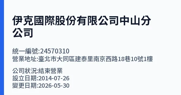 伊克國際股份有限公司中山分公司的照片-統編 24570310(臺北市) 公司登記資料與營業項目詳細圖表