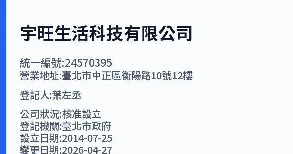 宇旺生活科技有限公司的照片-統編 24570395(臺北市) 公司登記資料與營業項目詳細圖表